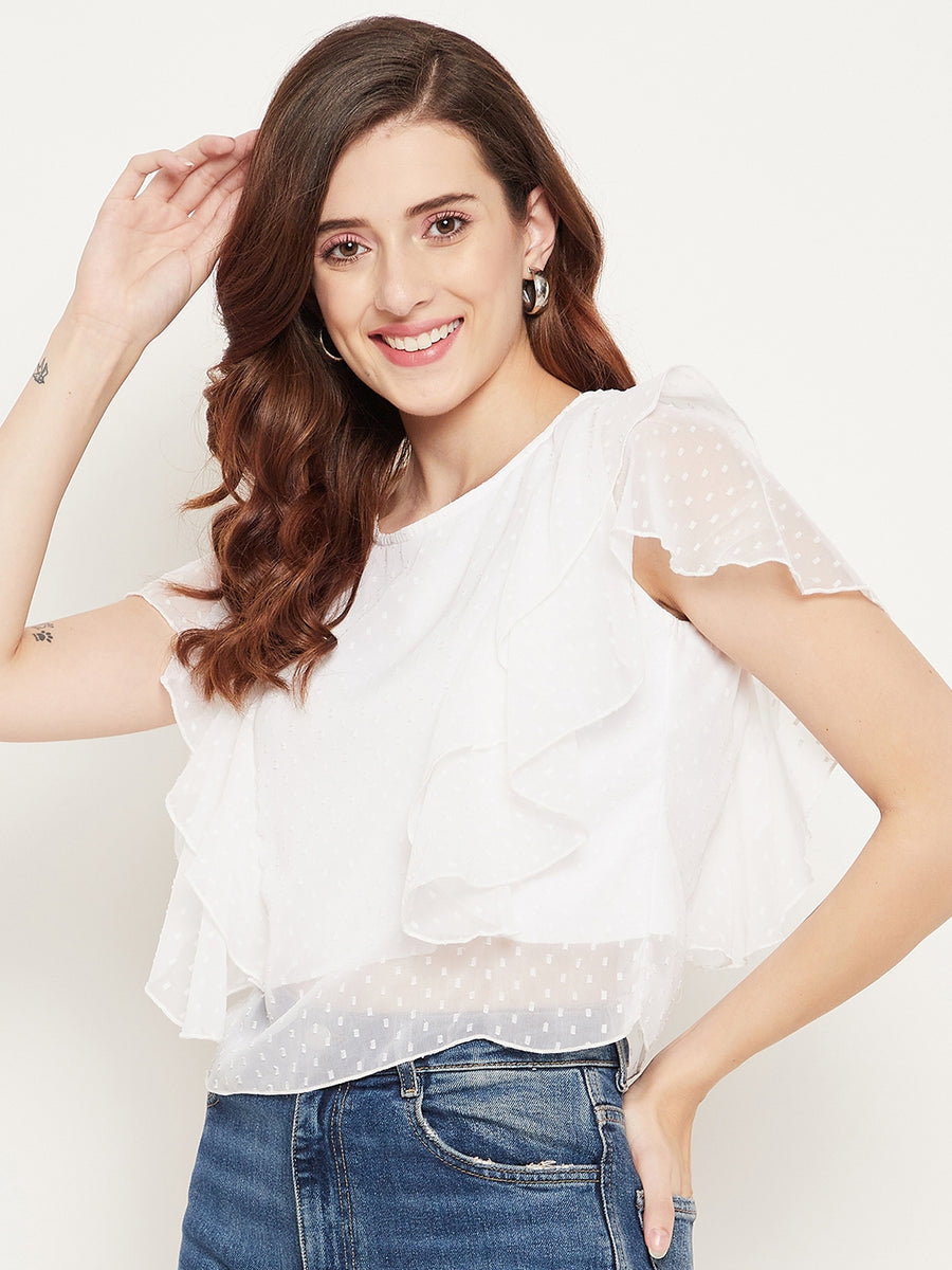 Casual Flared Sleeves Self Design Women White Top – BITTERLIME